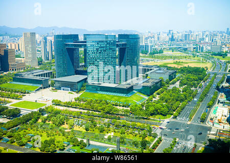 Aerial view of Qianjiang New Town Area in Hangzhou city, east China's ...