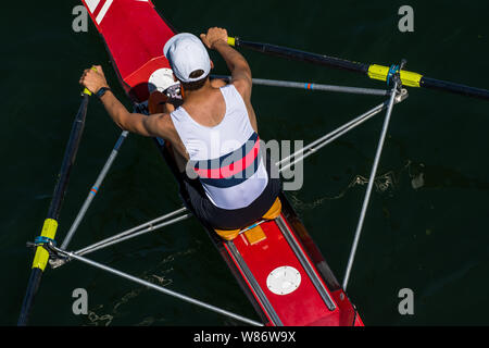 Single rowing skiff in race on river Neckar Heidelberg Germany Stock ...