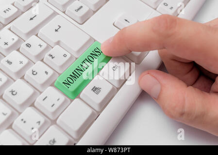 Text sign showing Nominations. Business photo showcasing action of ...