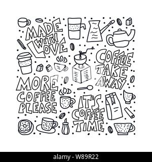 Poster template with hot beverages and lettering. Coffee mugs with ...