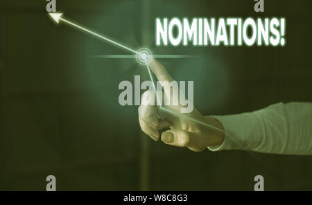 Conceptual hand writing showing Nominations. Concept meaning the act of ...