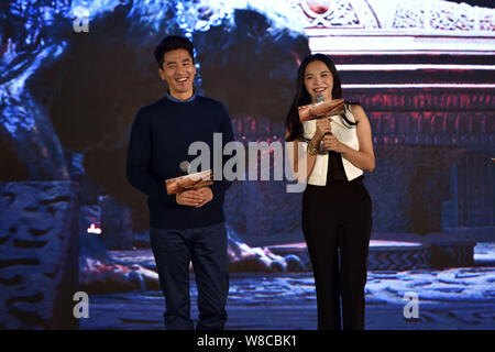Chinese actress Yao Chen, right, and Hong Kong actor Gordon Lam pose at ...