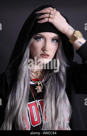 Young woman in Cyber Goth costume at Whitby Gothic Festival Stock Photo ...
