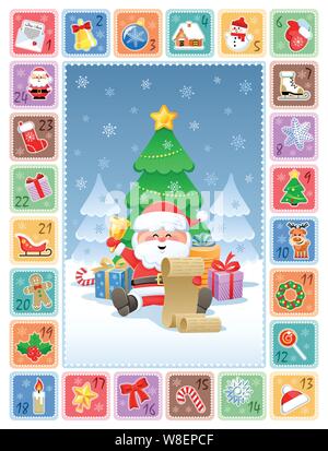 Christmas advent calendar with cute characters. Santa claus, deer ...