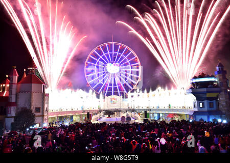Fireworks explode over the Hello Kitty theme park in Anji county ...