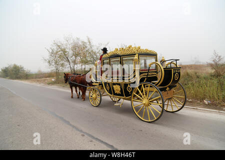Chinese carriage pulled by a horse, China. Old 19th century engraved ...