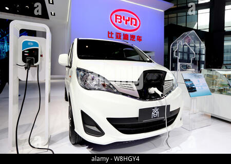 A BYD Shang plug-in hybrid MPV is on display during the 16th Shanghai ...