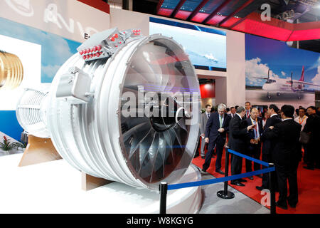 A model of the CJ-1000A high-bypass-ratio turbofan engine is displayed ...