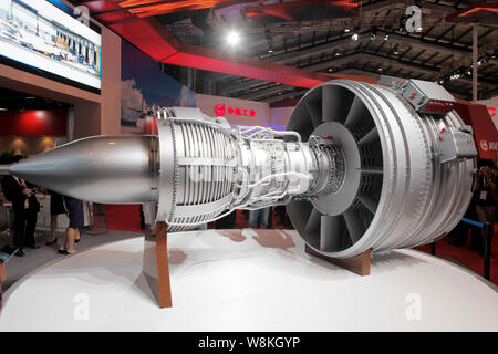 A model of the CJ-1000A high-bypass-ratio turbofan engine is displayed ...
