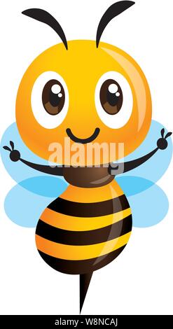 Cartoon cute bee showing victory hand and holding a honey shape signage ...