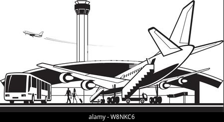 Modern passenger airplane, airliner in top, side, front view. Vector ...