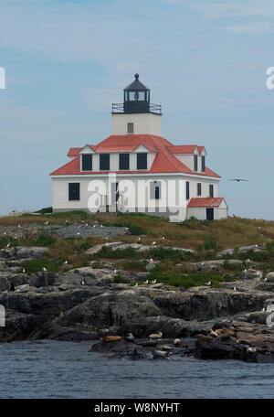 Egg rock lighthouse with Acadia National Park behind it and water ...