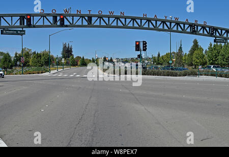 Downtown Hayward sign across Mission Boulevard, California Stock Photo ...
