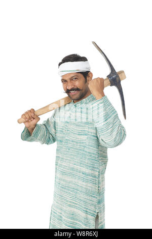 Farmer standing with a pick axe isolated on white background Stock ...