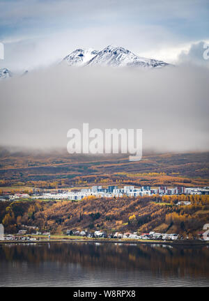 Akureyri City Cityscape with Port and Mountain in Background. Beautiful ...