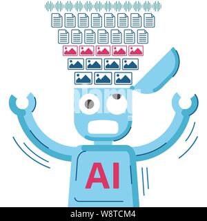 Funny illustration of machine learning process. AI robot gets flow of ...