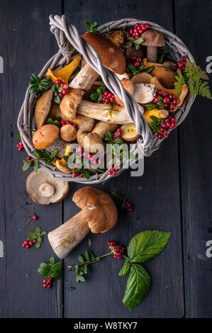 A vertical top view of a wicker basket full of healthy fruits and ...