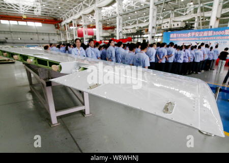 Horizontal stabilizers for the new Boeing 737 are lined up at the ...