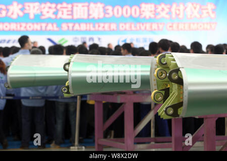 Horizontal stabilizers for the new Boeing 737 are lined up at the ...