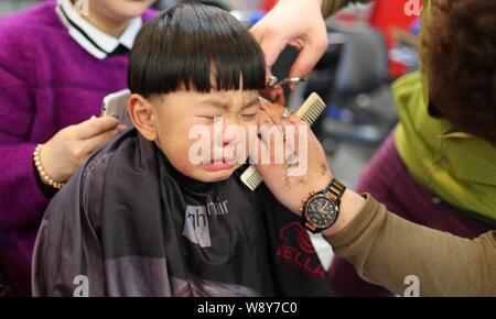 A Chinese kid has his hair cut at the barbers on Dragon Heads-raising ...
