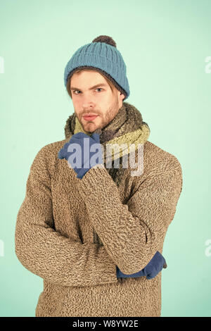 I hate cold. Man wear winter clothes. Man ready to celebrate winter ...