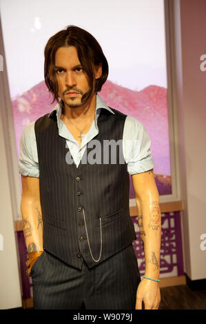 The wax statue of American actor Johnny Depp is displayed at a warm-up ...