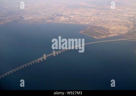 --FILE--Aerial view of the Jiaozhou Bay Bridge, also called the Qingdao ...