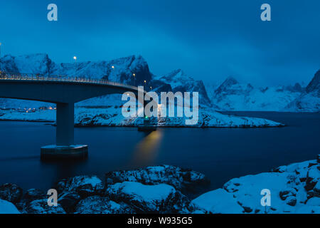 The stunning Hamnoy bridge in Lofoten Islands, Norway seen from a drone ...