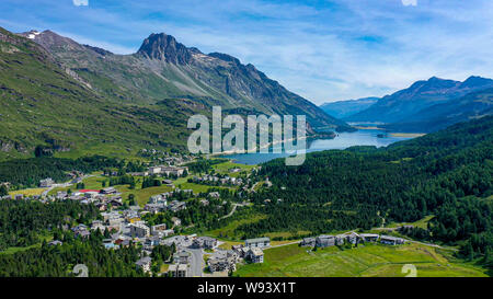 Aerial view over Lake Sils in Engadin - Switzerland from above - aerial ...