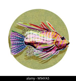 Loosely rendered, crayon colourful, tropical fish on a textured ...