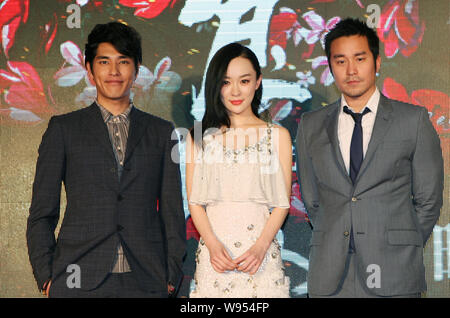 (From left) Taiwanese actor Blue, Chinese actress Huo Siyan and ...