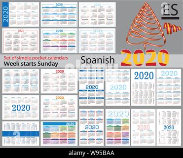 Spanish set of pocket calendars for 2020 (Two thousand nineteen). Week ...