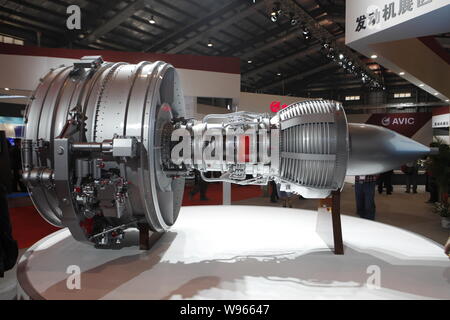 A model of the CJ-1000A high-bypass-ratio turbofan engine is displayed ...