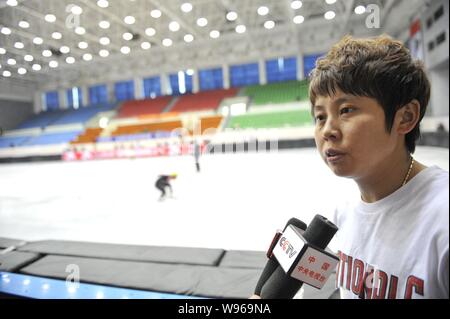 Chinese Winter Olympic speed skating champion Wang Meng is pictured as ...