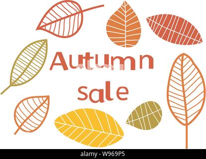 Vector illustration. Autumn sale with yellow leaves on colored abstract ...