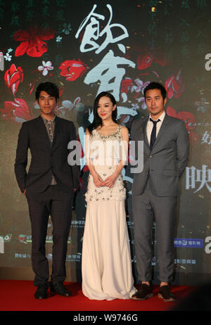 (From left) Taiwanese actor Blue, Chinese actress Huo Siyan and ...