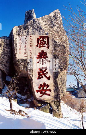 Stone carvings are pictured on the Taishan Mountain (Mount Tai or Tai ...