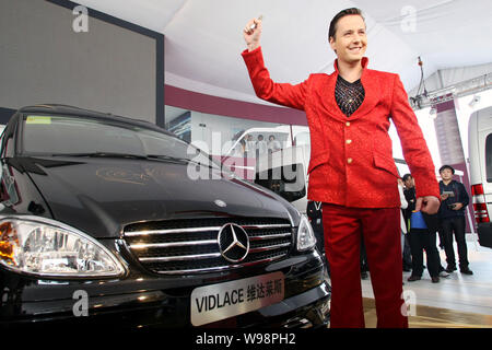Russian singer Vitas is pictured at the booth of Mercedes-Benz at the ...