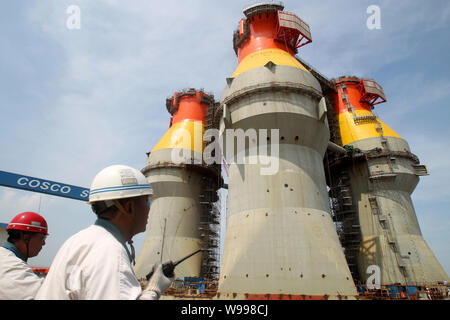 An offshore oil storage platform under construction is pictured at the ...