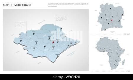 Vector map of Ivory Coast with names of cities and with borders city ...