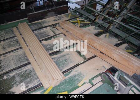 Inside a large sawmill, where the wood is automatically cut to boards ...