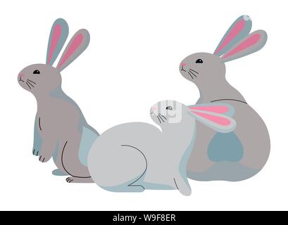 Cute three rabbits animals cartoons in black and white Stock Vector ...
