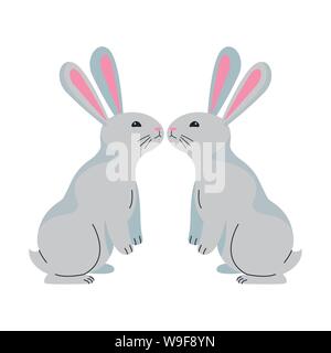Cute two rabbits animals cartoons in black and white Stock Vector Image ...