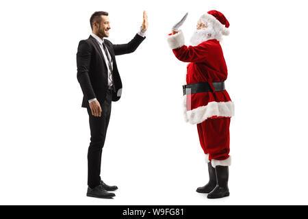 Profile shot of a businessman gesturing with a hand isolated on white ...