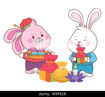 Mid autumn rabbits couple eating food cartoon in black and white Stock ...