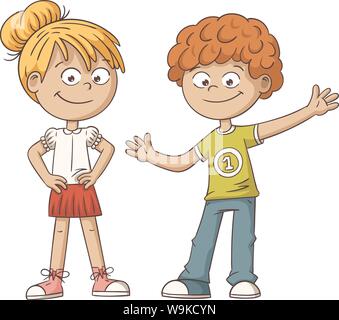 Two smiling cartoon kids. Hand drawn vector illustration. Each on a ...