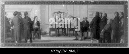 Benjamin Franklin signing Declaration of Independence, illustration by ...