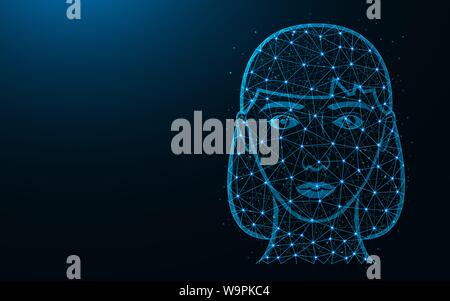 Low poly head wireframe of a girl with a short haircut. Front view ...