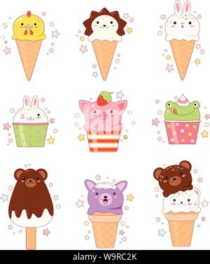Vector set of animal shaped ice cream, dessert and cake - vanilla ...