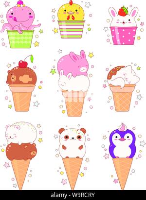 Vector set of animal shaped ice cream, dessert and cake - vanilla ...